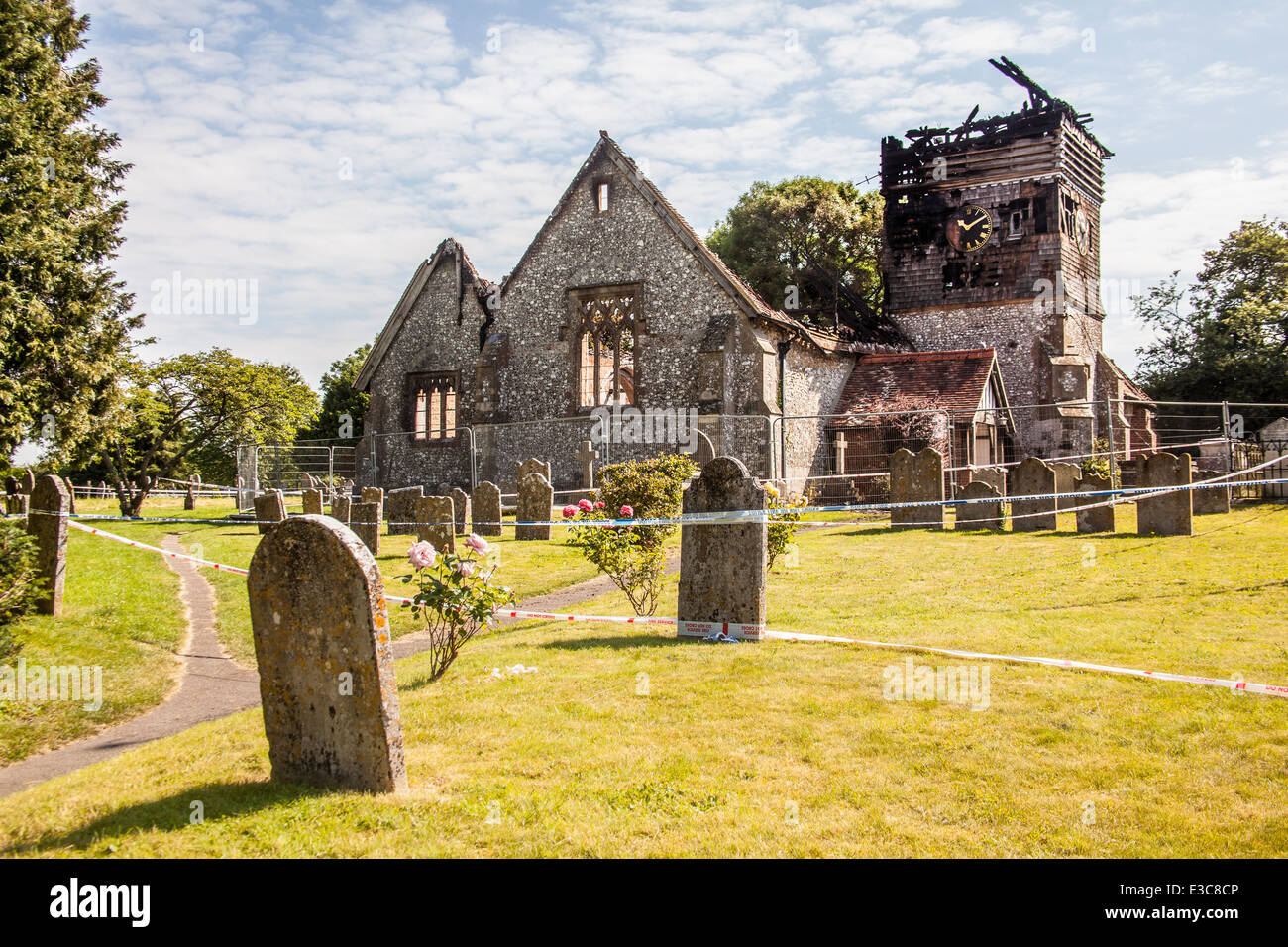The burnt remains of St Peters Church in Ropley, Hampshire , England ...