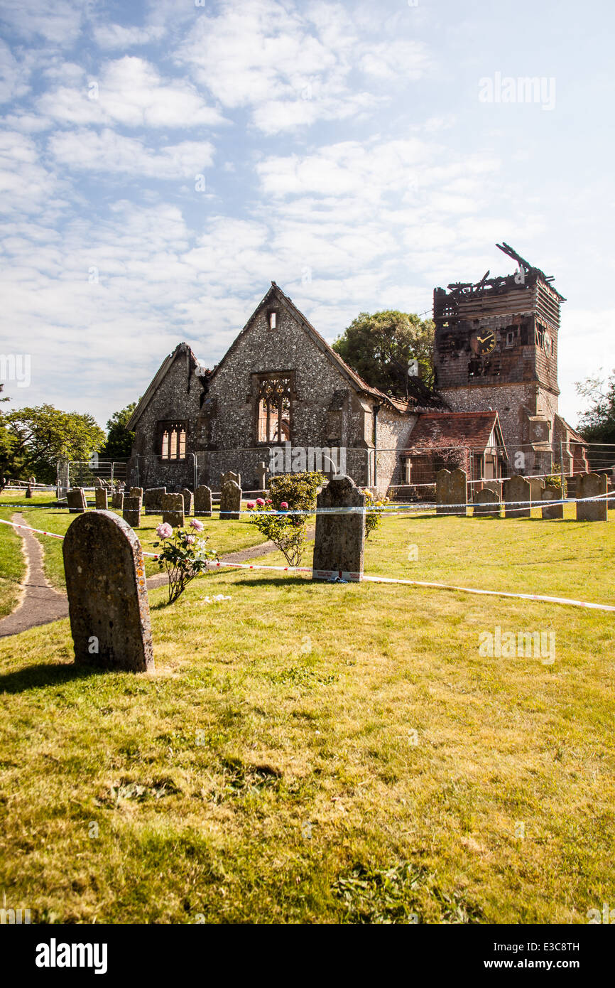 The burnt remains of St Peters Church in Ropley, Hampshire , England ...