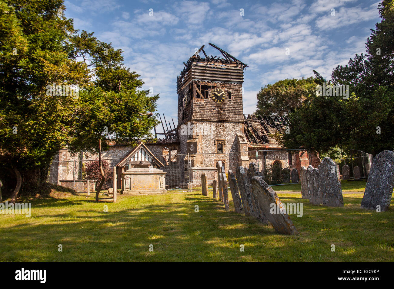 The burnt remains of St Peters Church in Ropley, Hampshire , England ...