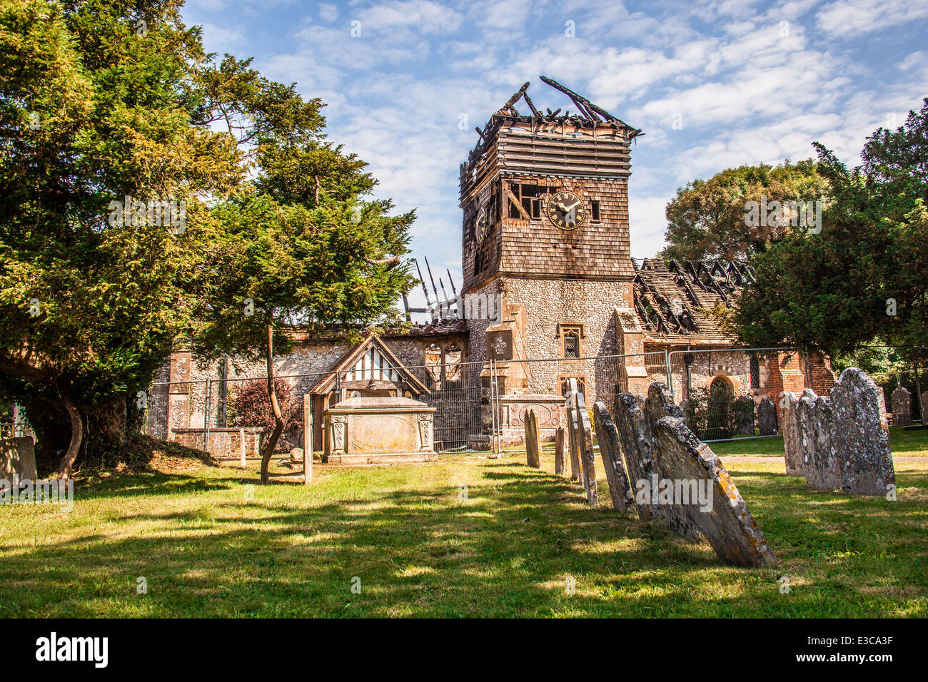 The burnt remains of St Peters Church in Ropley, Hampshire , England ...