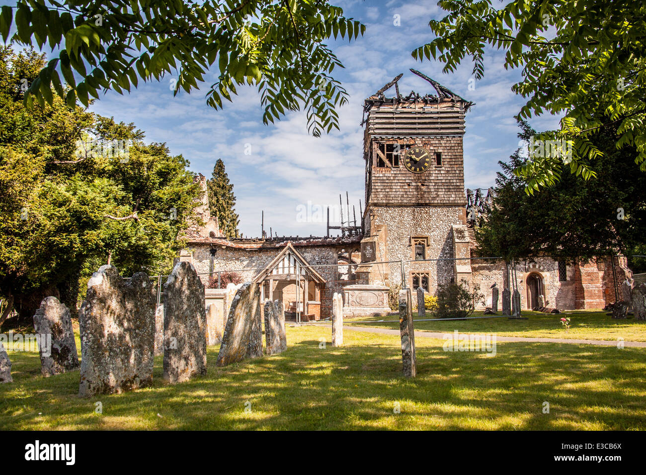 The burnt remains of St Peters Church in Ropley, Hampshire , England ...