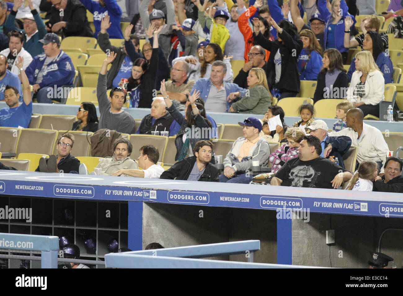 Jason Bateman having a good time at the Dodgers game. Featuring: Jason ...