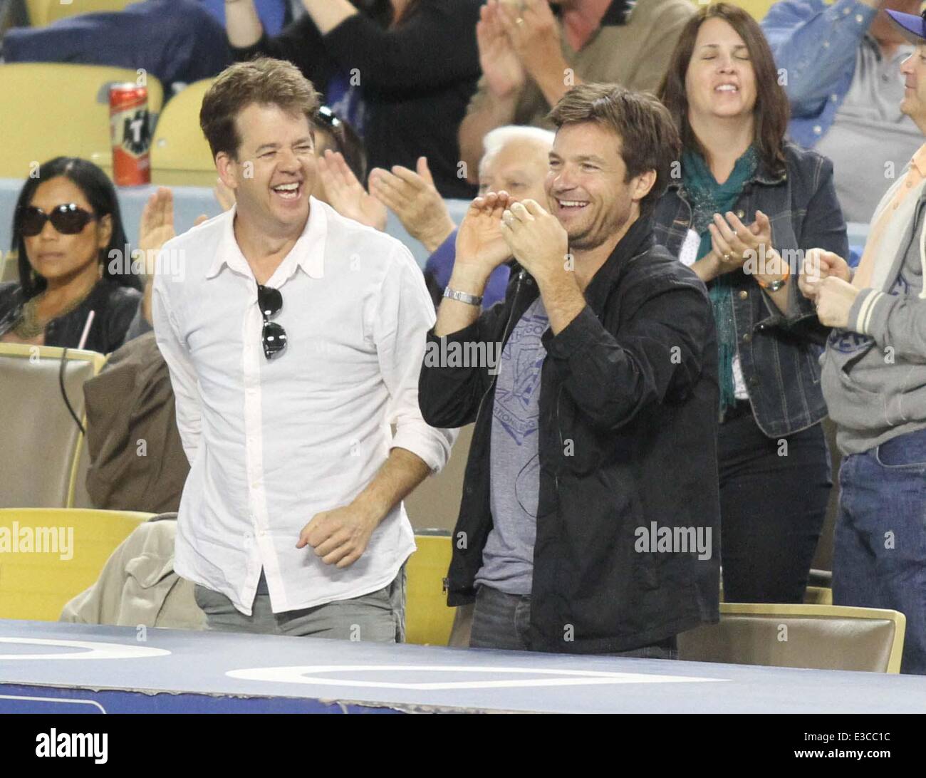 Jason Bateman having a good time at the Dodgers game. Featuring: Jason ...
