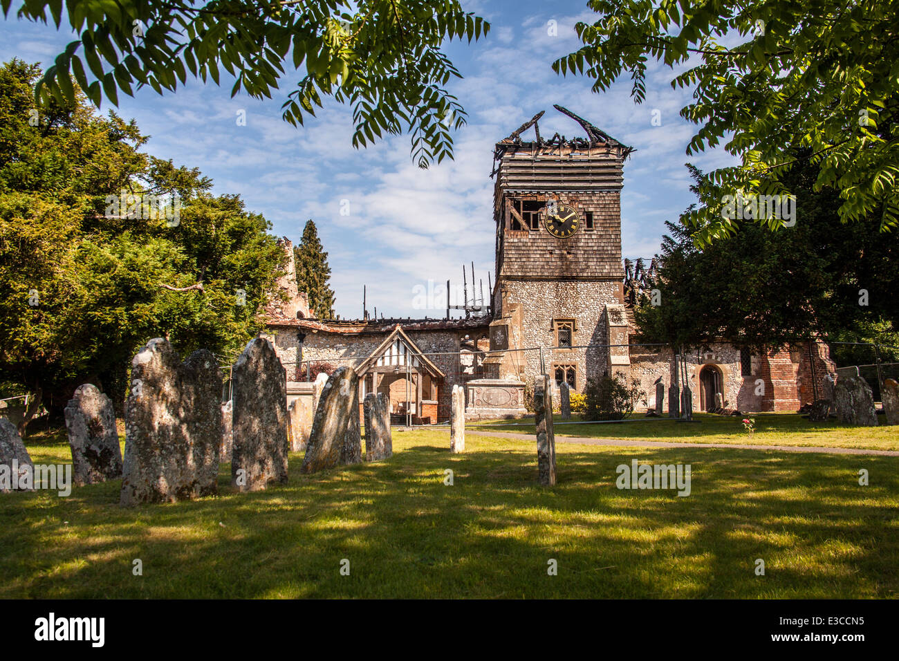 The burnt remains of St Peters Church in Ropley, Hampshire , England ...