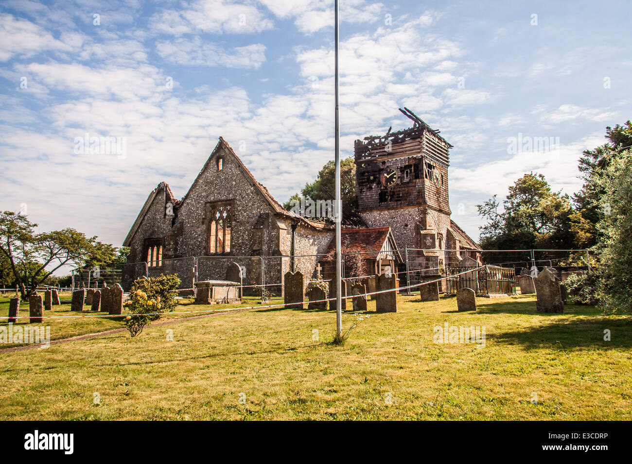 The burnt remains of St Peters Church in Ropley, Hampshire , England ...