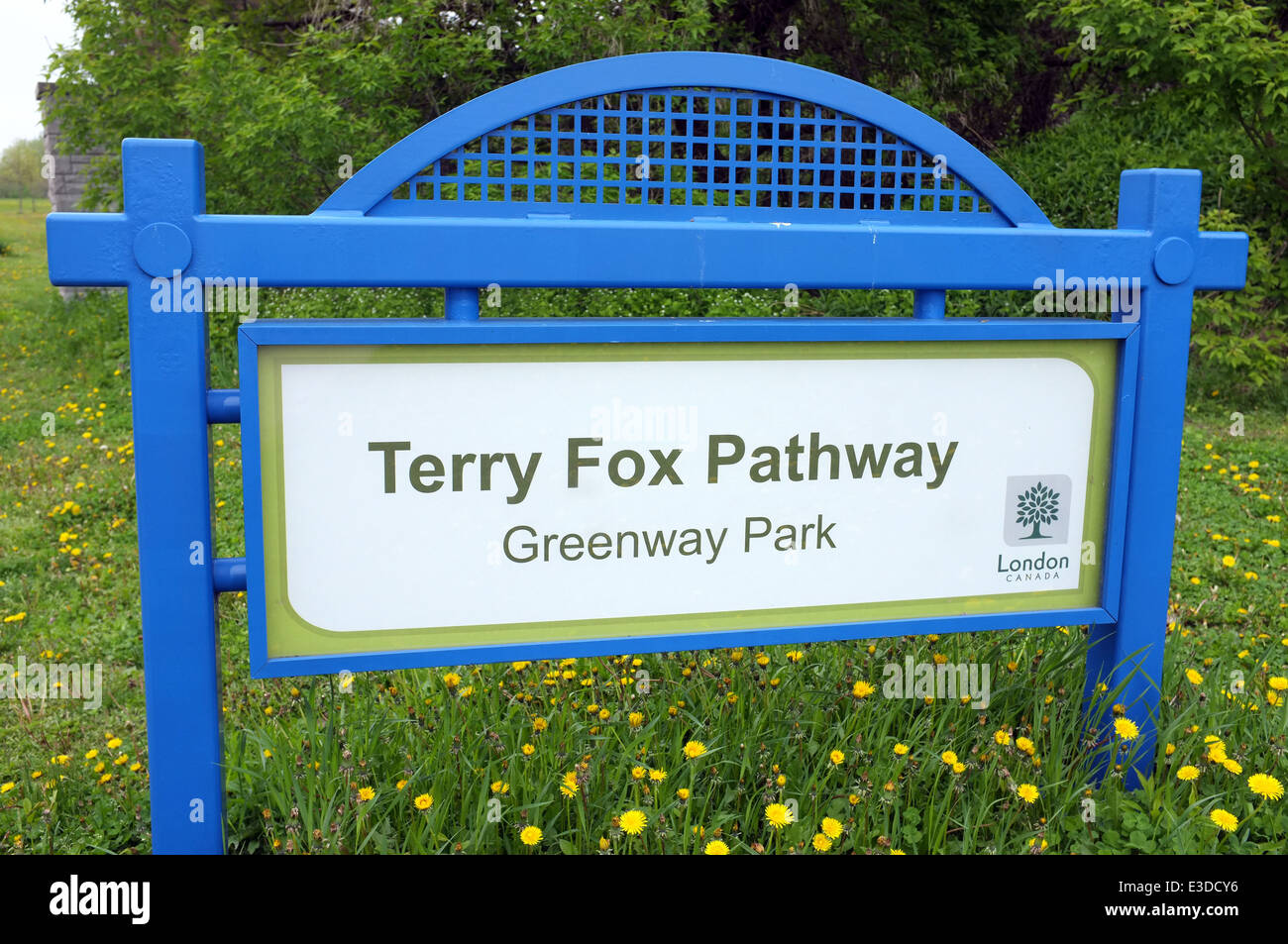 A Terry Fox Pathway sign at the entrance to Greenway Park in London ...