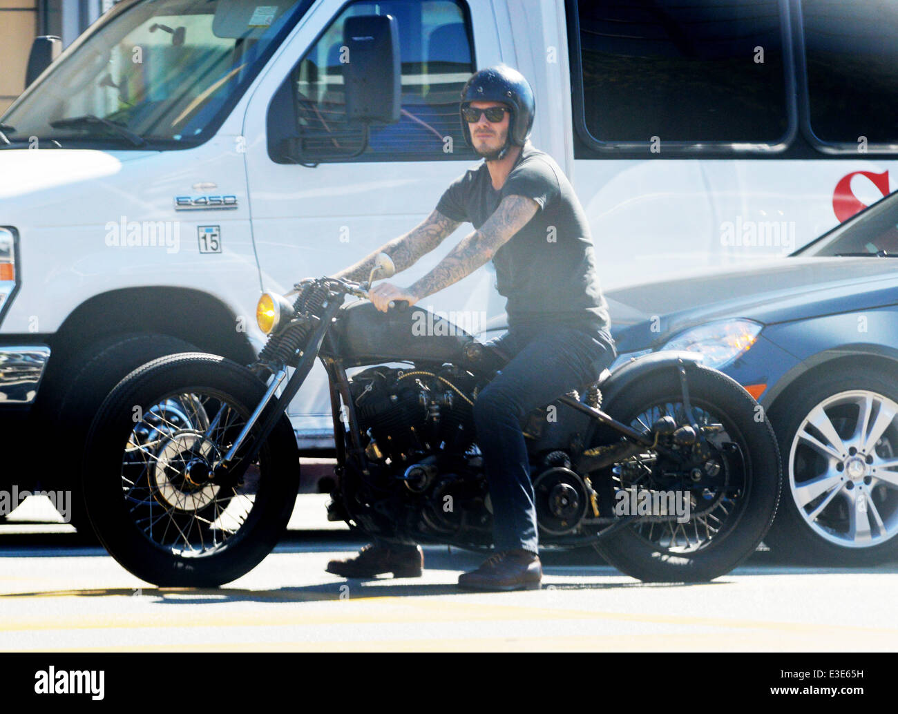David Beckham riding his custom built 93 Knucklehead motorbike in West ...