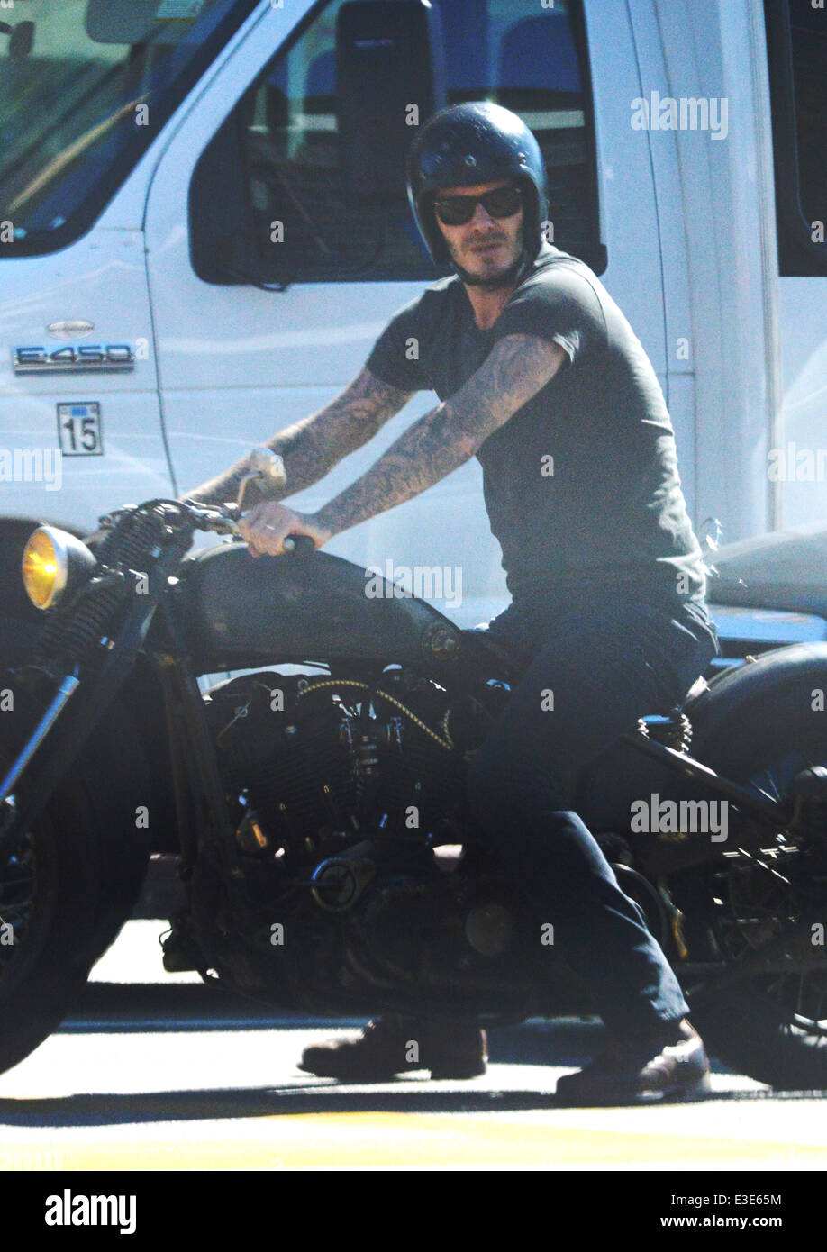 David Beckham riding his custom built 93 Knucklehead motorbike in West ...