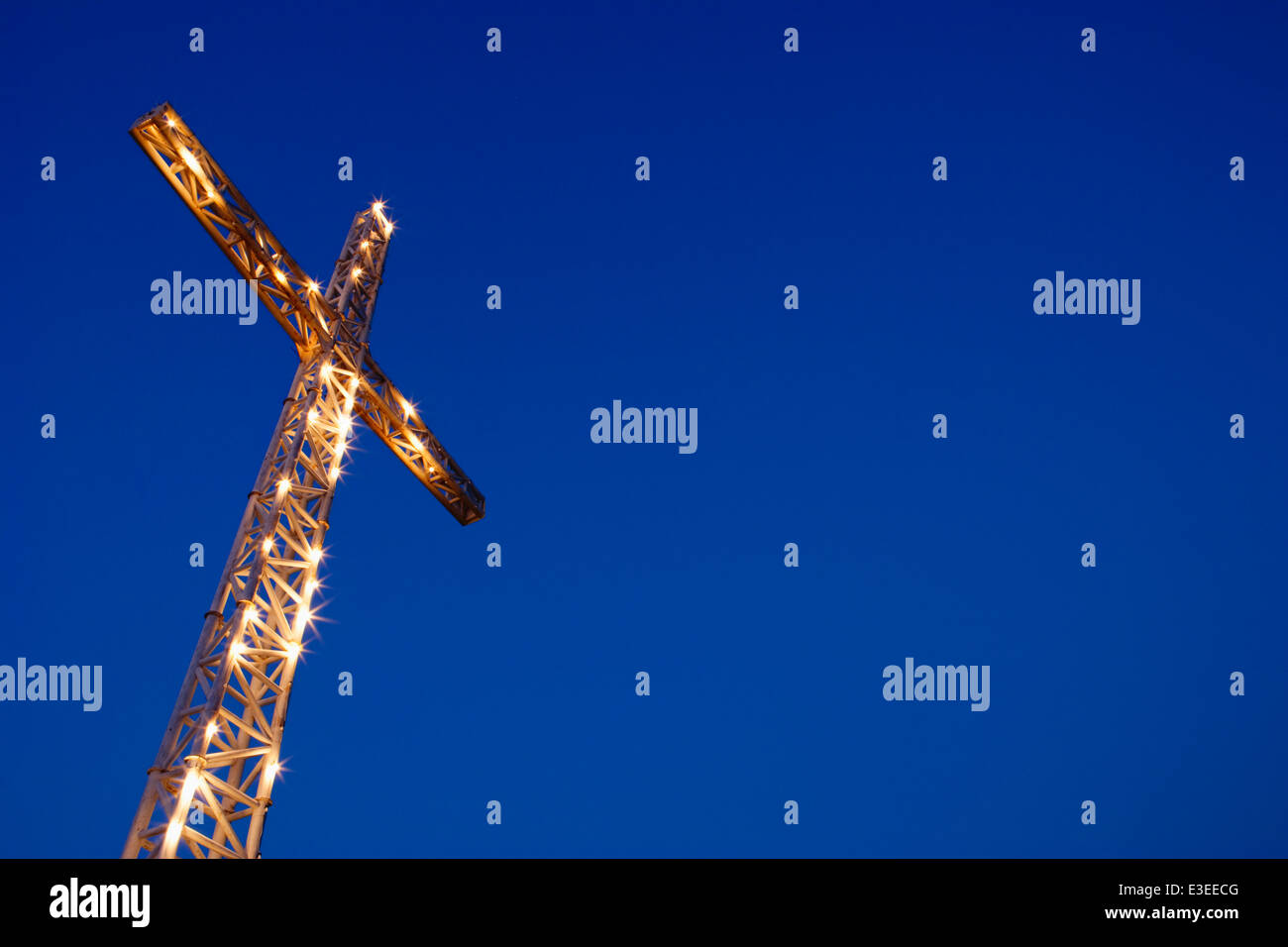 Illuminated cross against night sky; Mount Tapyas; Coron Town; Busuanga ...