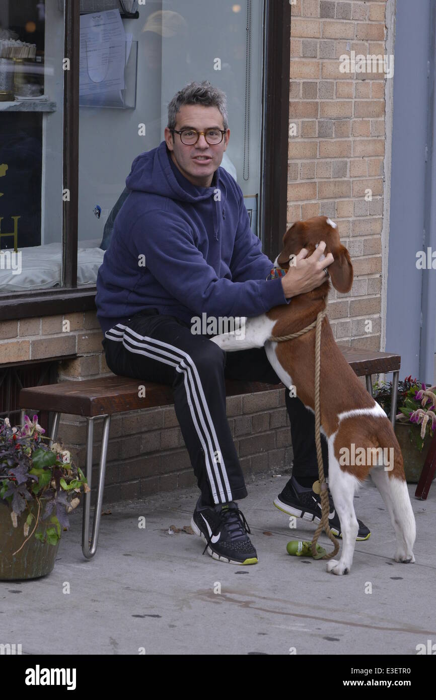 Andy Cohen pets his dog outside of a cafe in the Village Featuring ...
