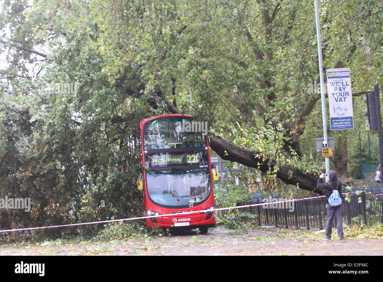 A one hundred year old tree crashes on top of a 221 bus on Wood Green ...