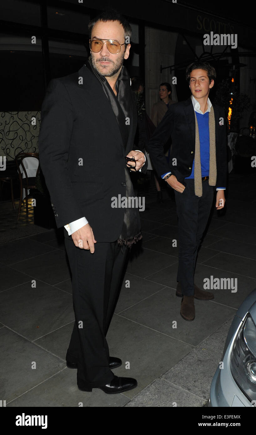 Tom Ford leaving Scott's restaurant with a friend Featuring: Tom Ford ...