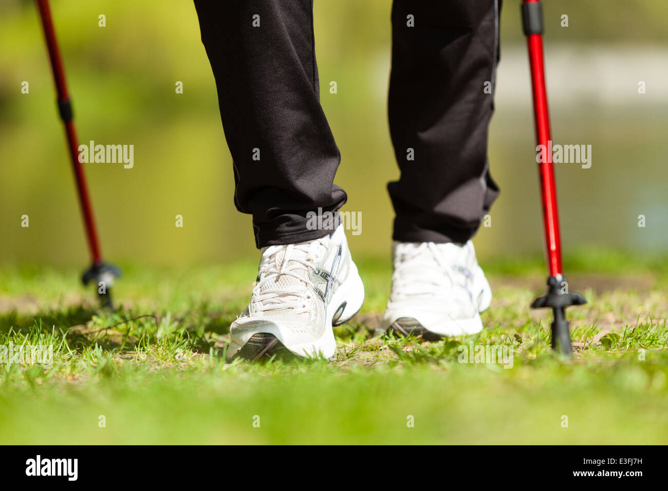 Nordic walking. Female legs hiking in the park Stock Photo - Alamy
