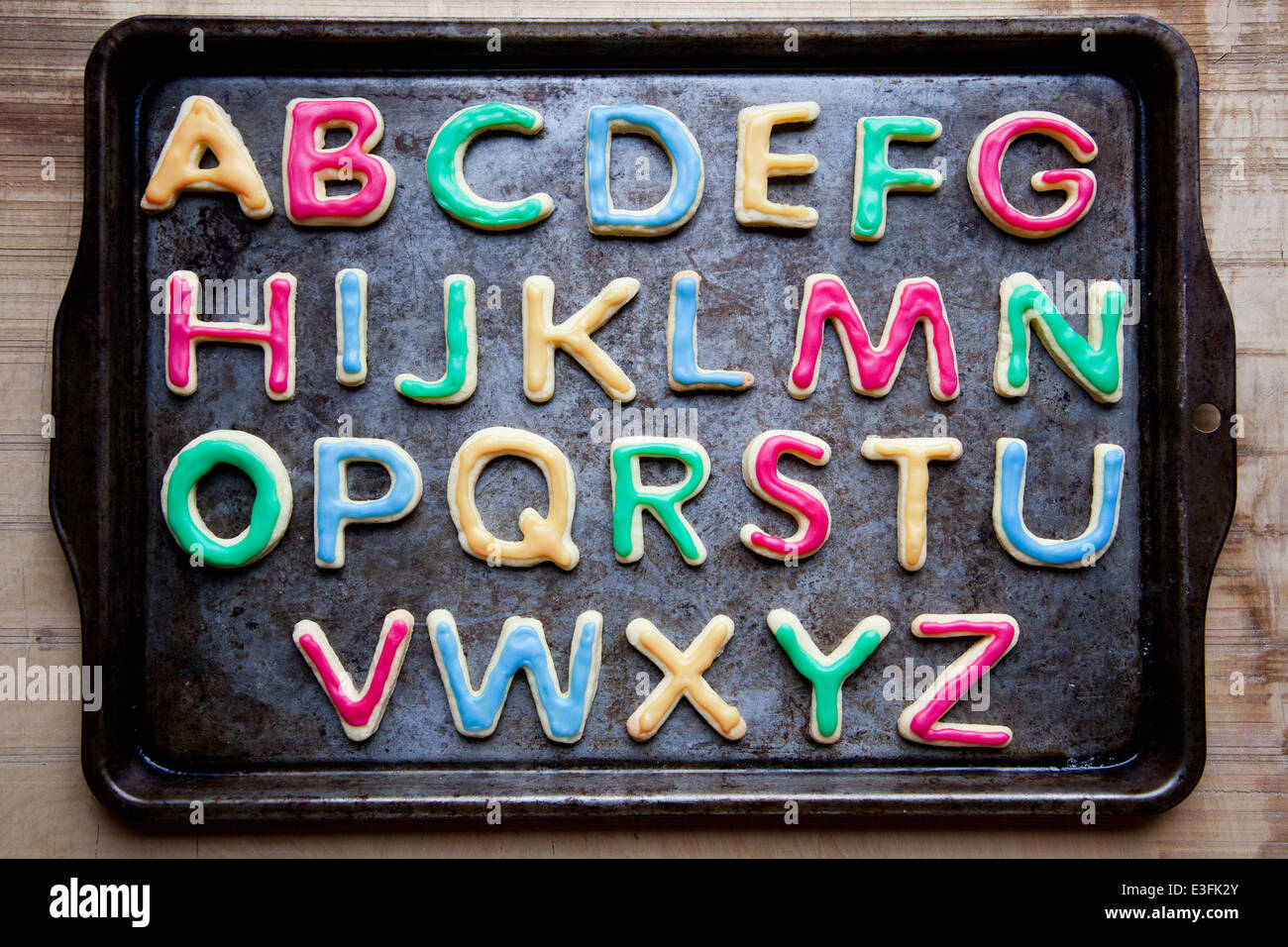 Alphabet in decorated colourful cookies on baking tray, horizontal ...