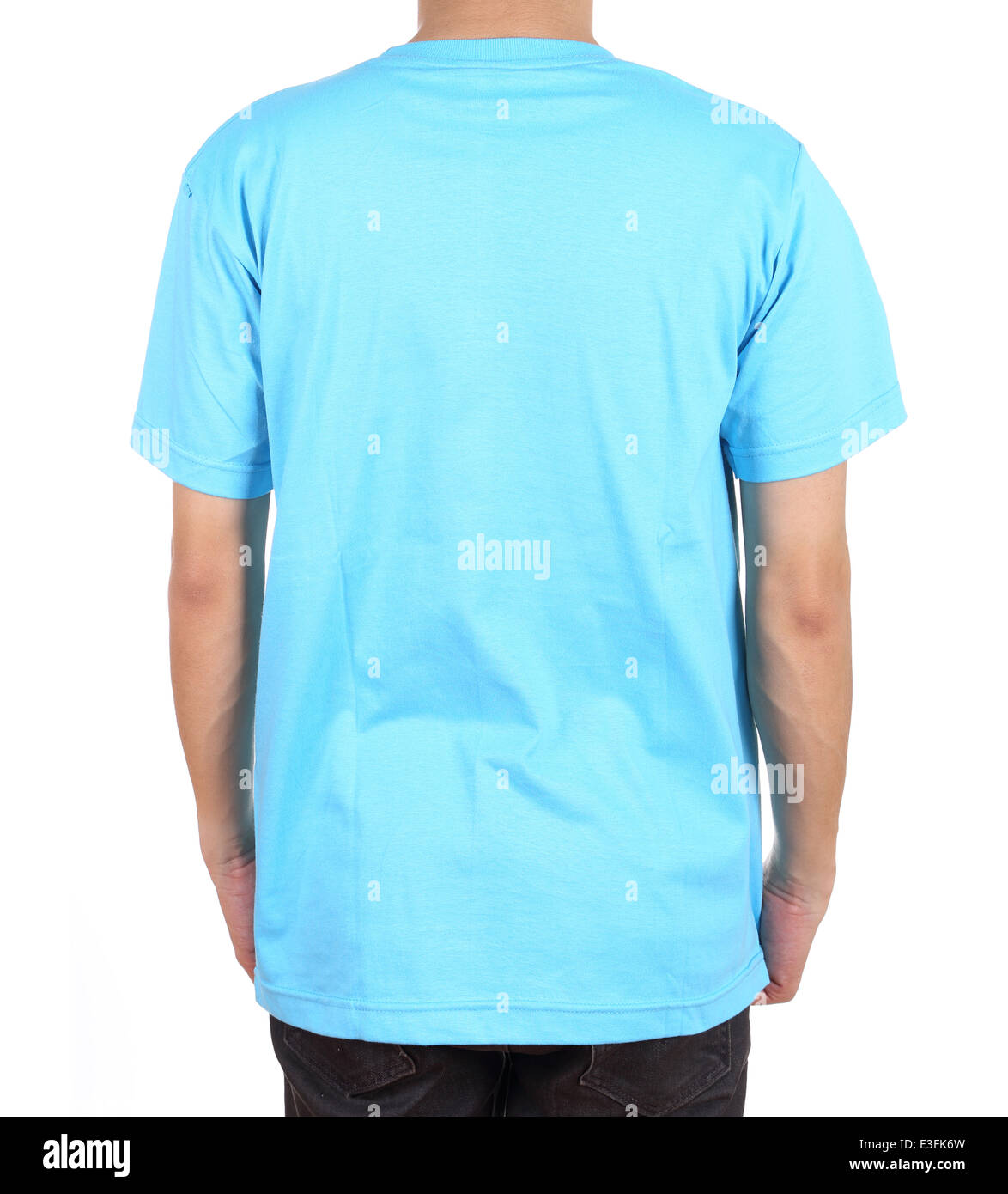 blank blue t-shirt on man (back side) isolated on white background ...