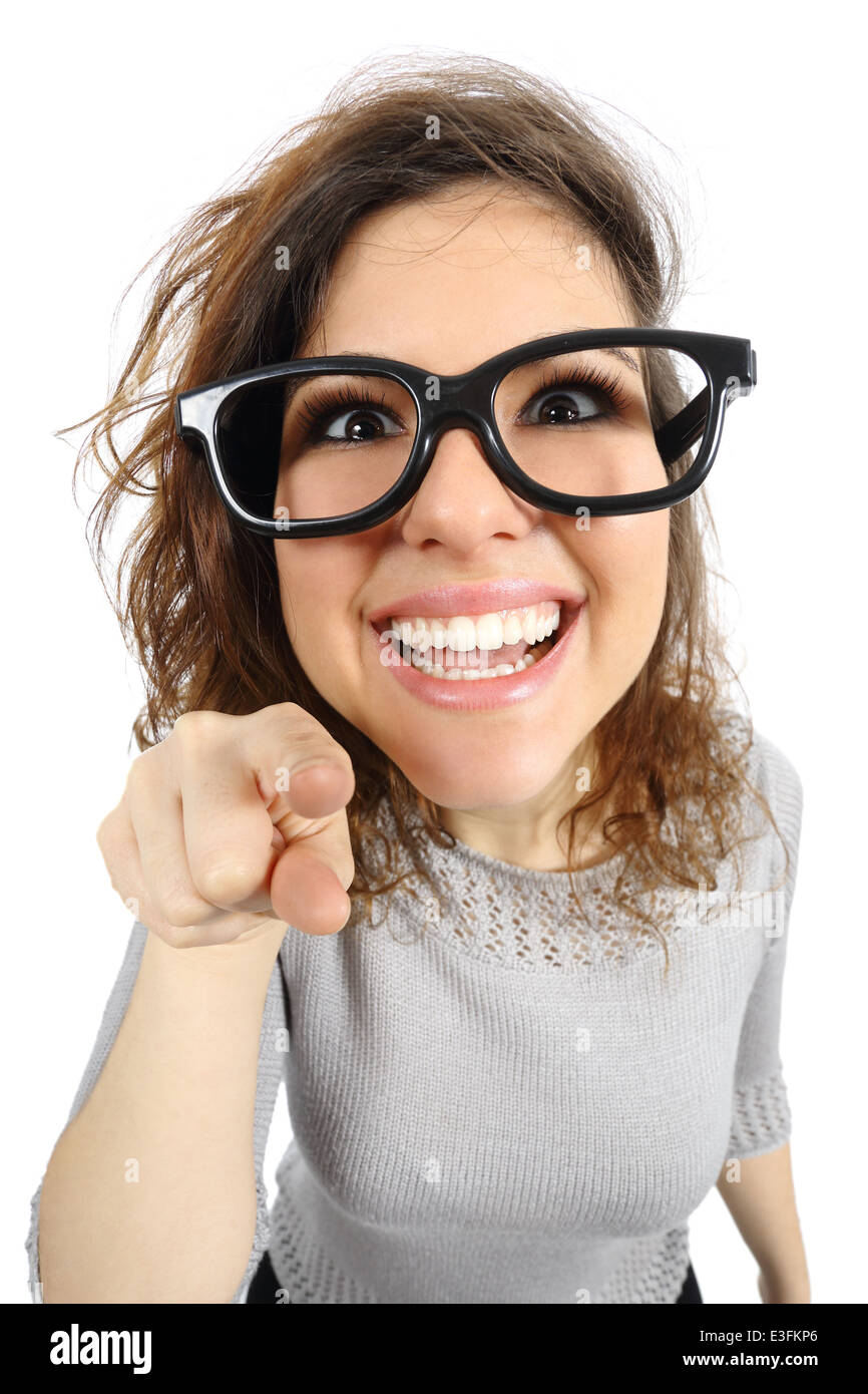 Geek girl pointing at camera isolated on a white background Stock Photo ...