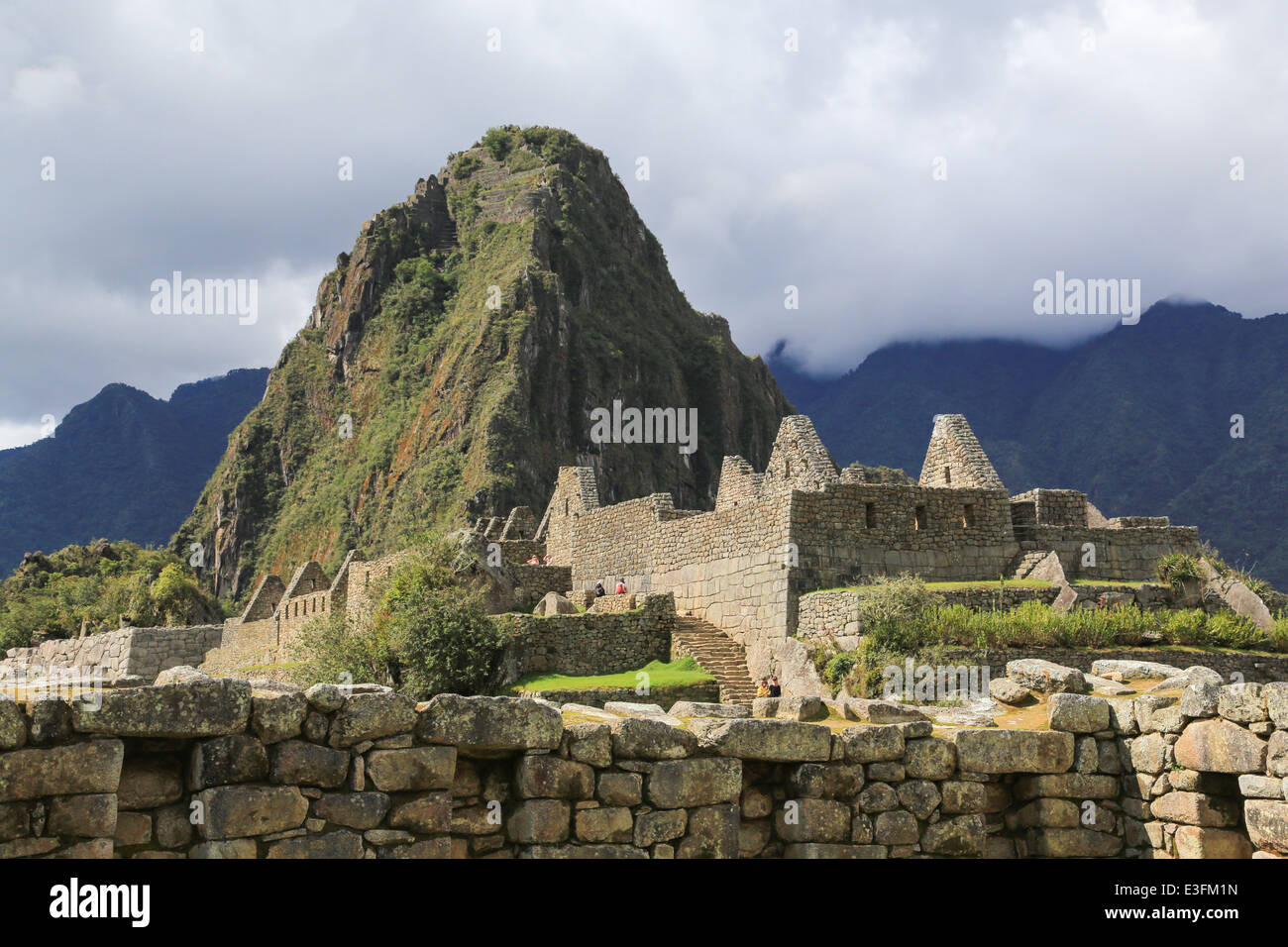 Waynapicchu mountain, grassed terraces, and the northeast buildings at ...
