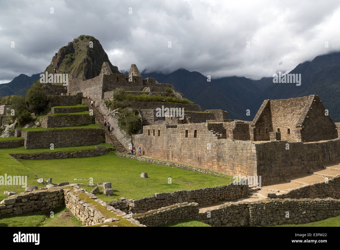 Waynapicchu mountain, grassed terraces, and the northeast buildings at ...