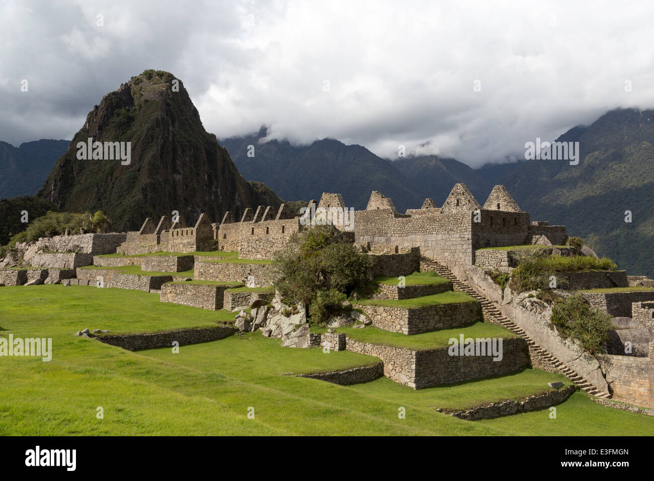 Waynapicchu mountain, grassed terraces, and the northeast buildings at ...