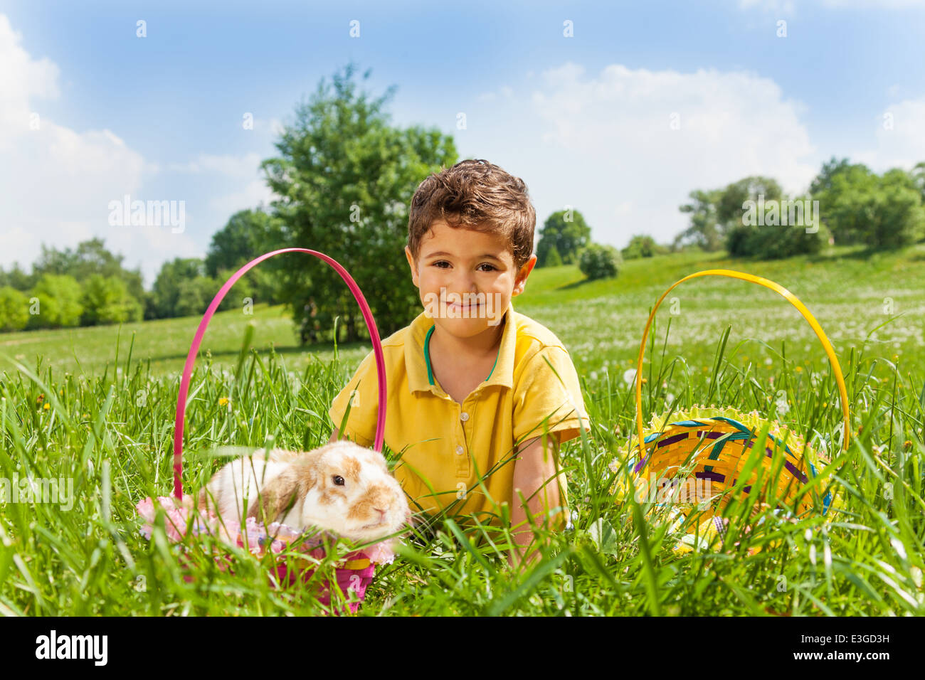 Boy with rabbit and two baskets in the park Stock Photo - Alamy