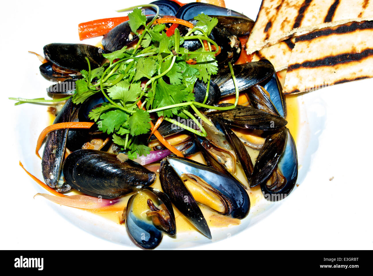 Steamed mussels appetizer with cilantro and pita bread wedges Stock ...