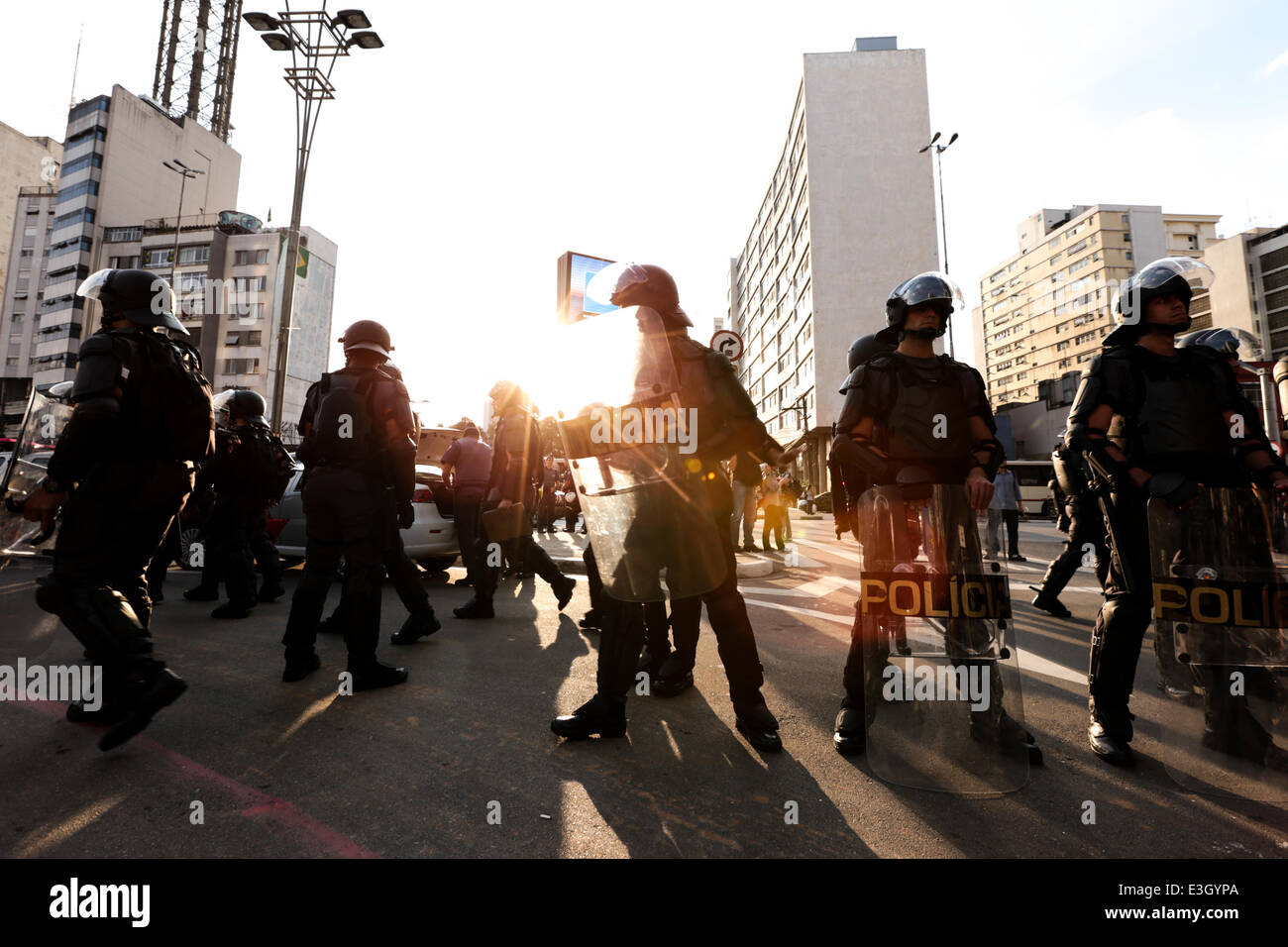 Sao Paulo, Brazil. 23rd June, 2014. Riot policemans stand on guard ...