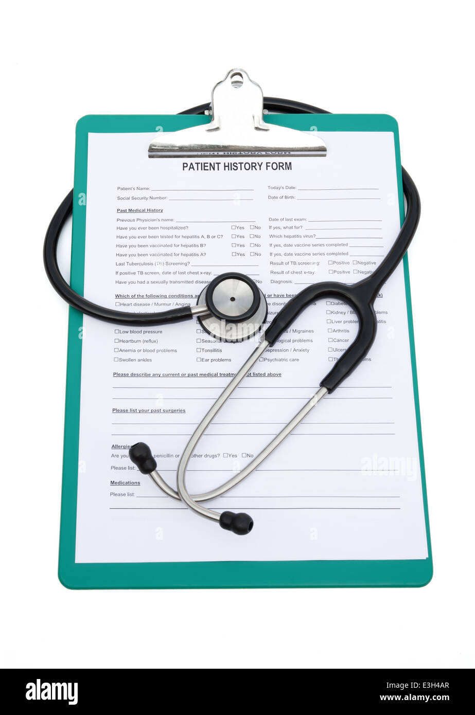 patient history form and stethoscope with clipping path, medical ...