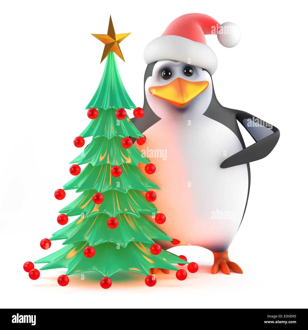 3d Santa penguin is proud of his beautiful Christmas tree Stock Photo ...