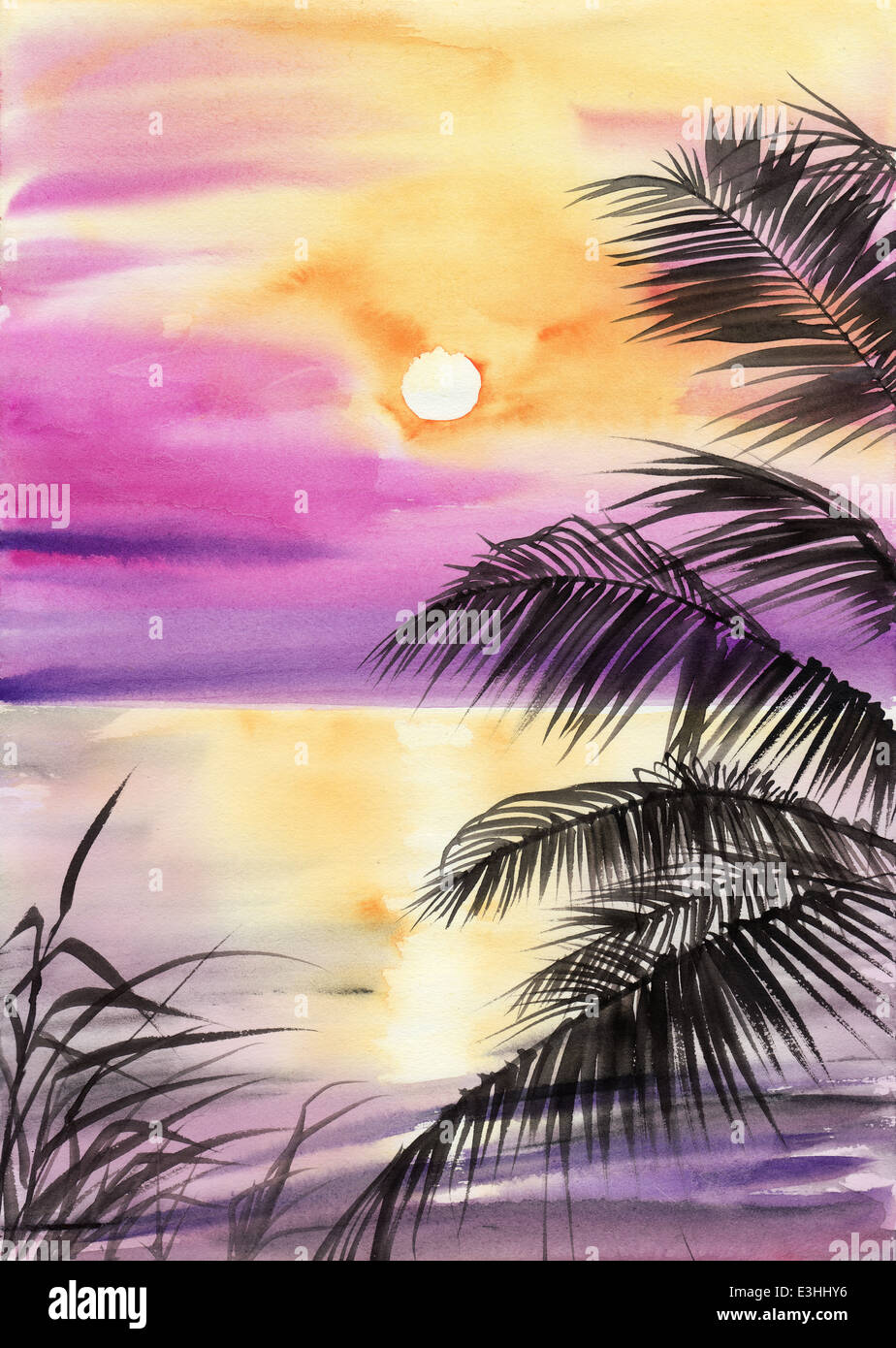 Tropical sunset view with the seashore and a palm. Original watercolor ...