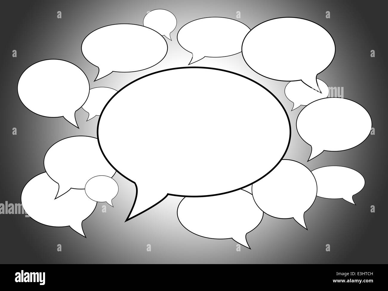 Communication concept - many speech bubbles, a big one in the middle ...