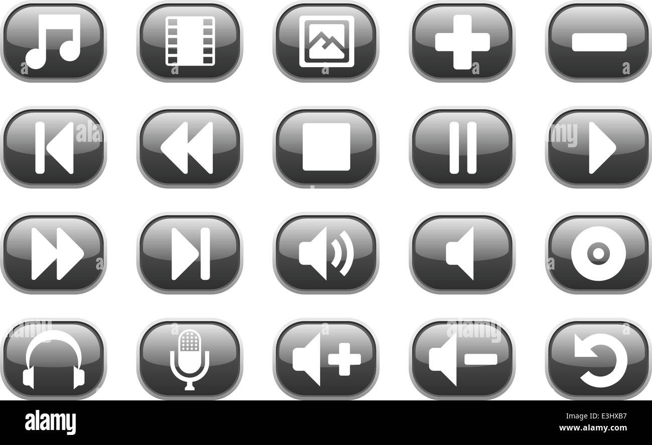Set of 20 glossy black multimedia audio and video icons Stock Vector ...