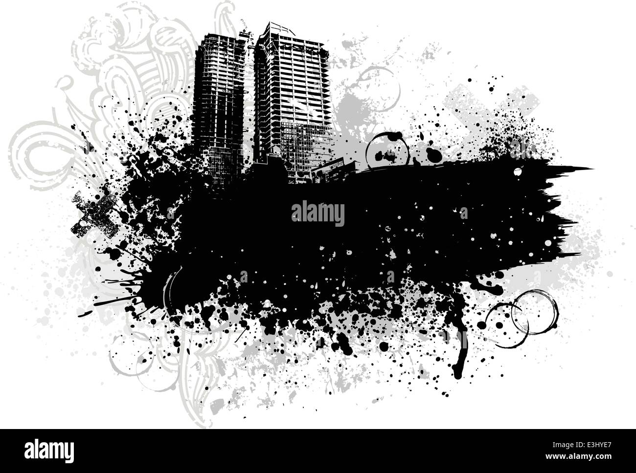 Black city buildings and graffiti grunge paint splatter Stock Vector ...