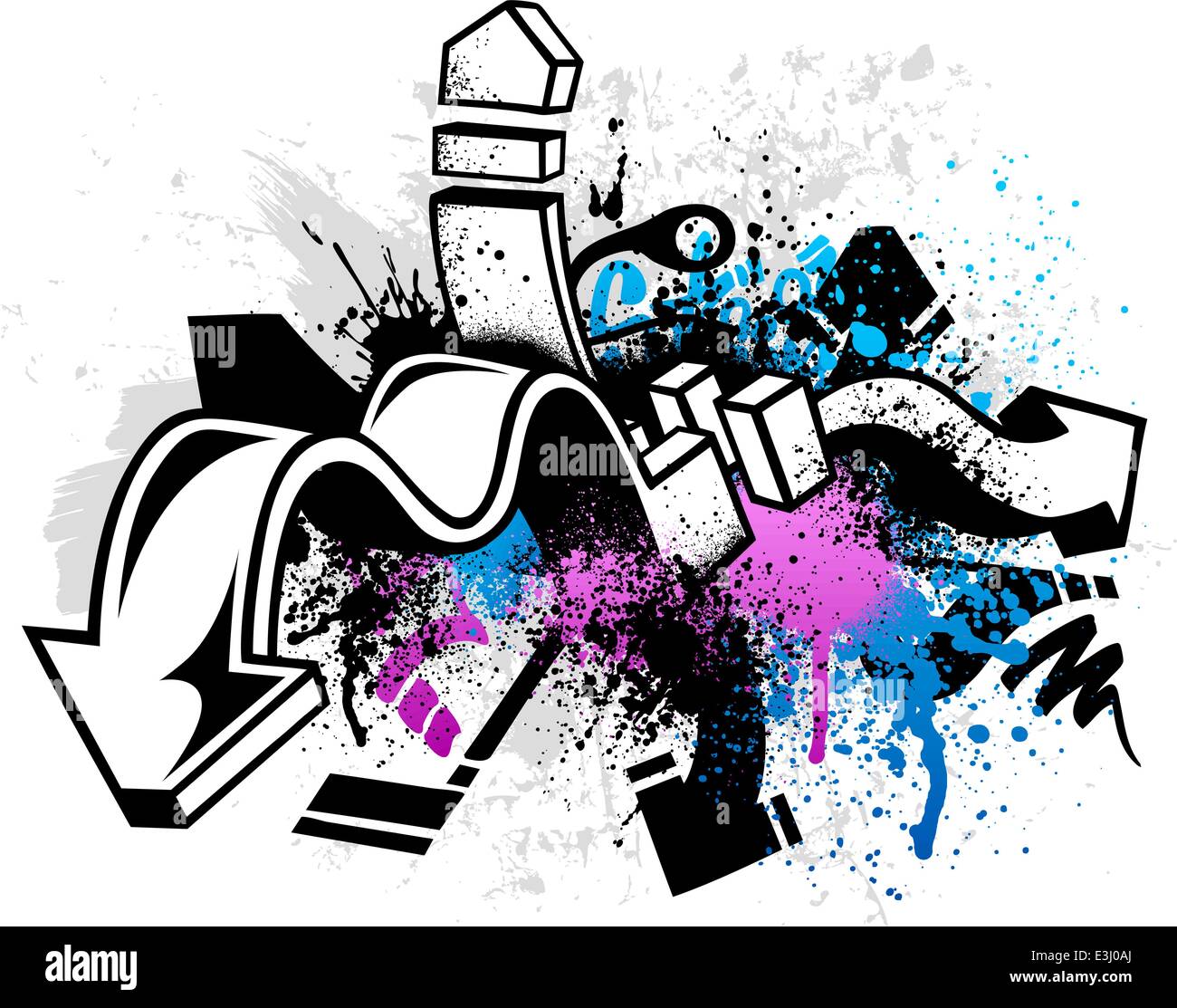 Black graffiti sketch with blue and pink grunge paint splatter Stock ...