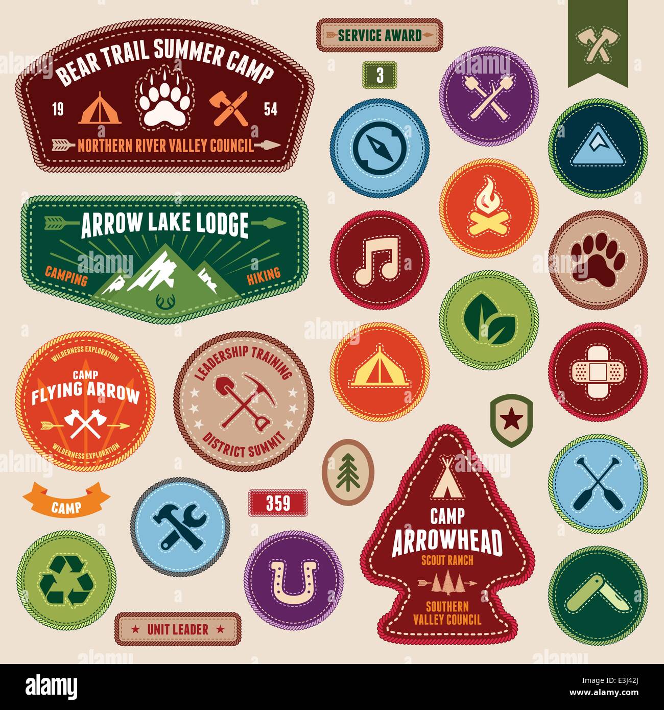 Set of scout badges and merit badges for outdoor activities Stock ...
