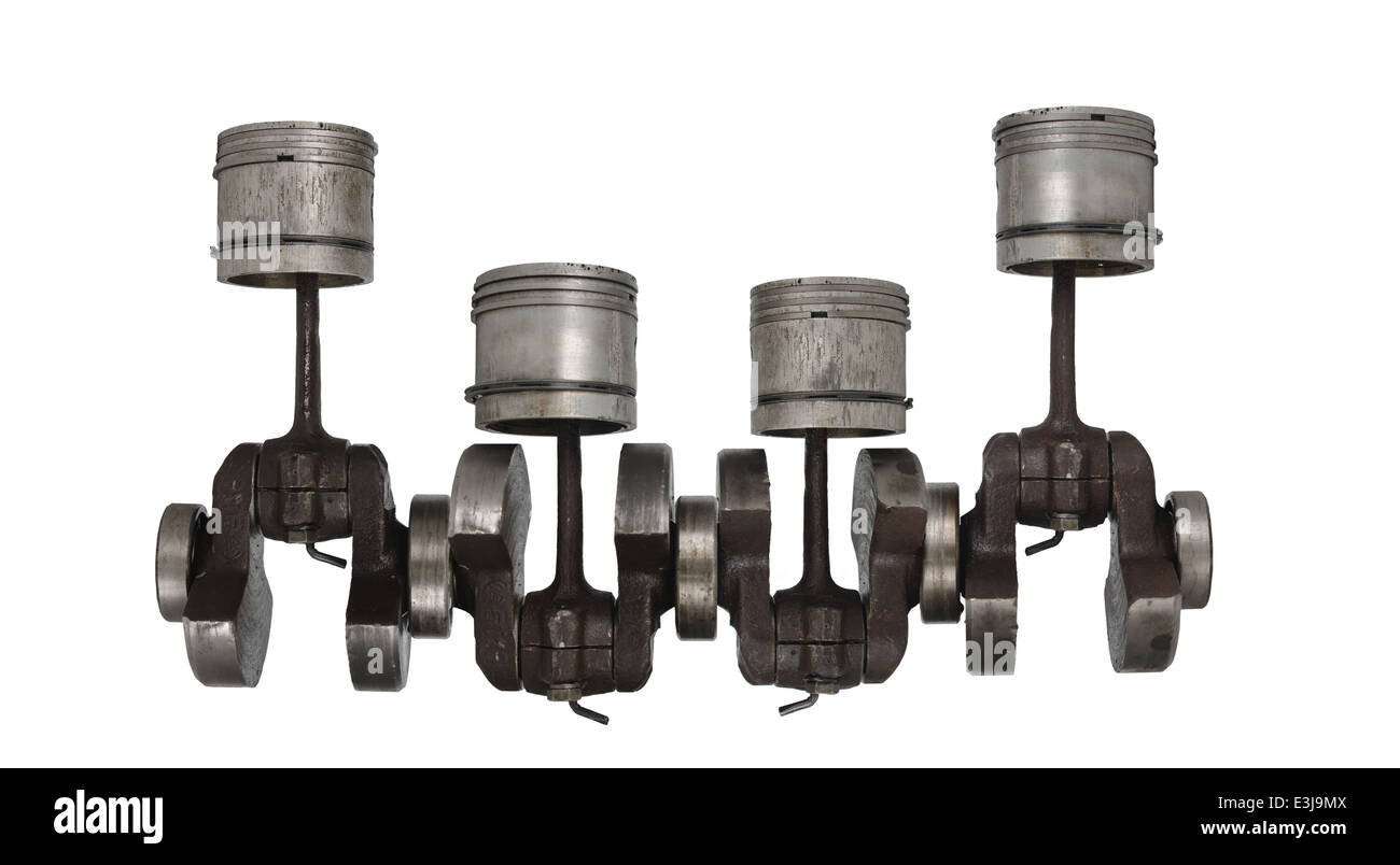 four old piston and connecting rod on white background Stock Photo - Alamy