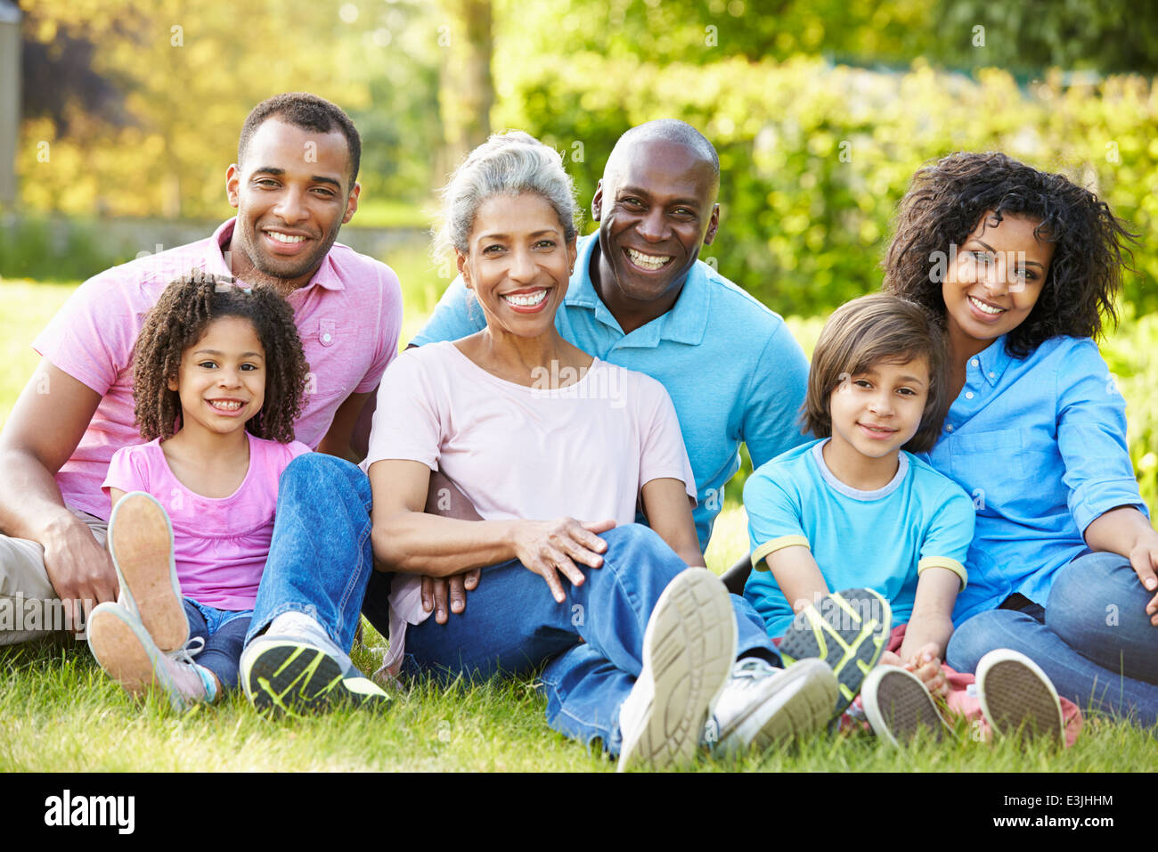 Multi Generation African American Family Sitting In Garden Stock Photo ...