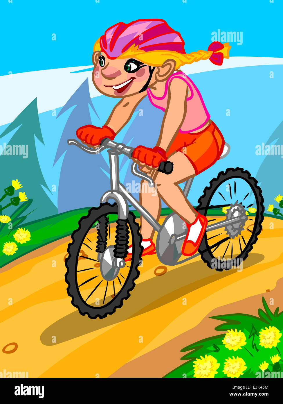 The illustration of a cartoon girl on a silver bicycle. Sunny summer ...