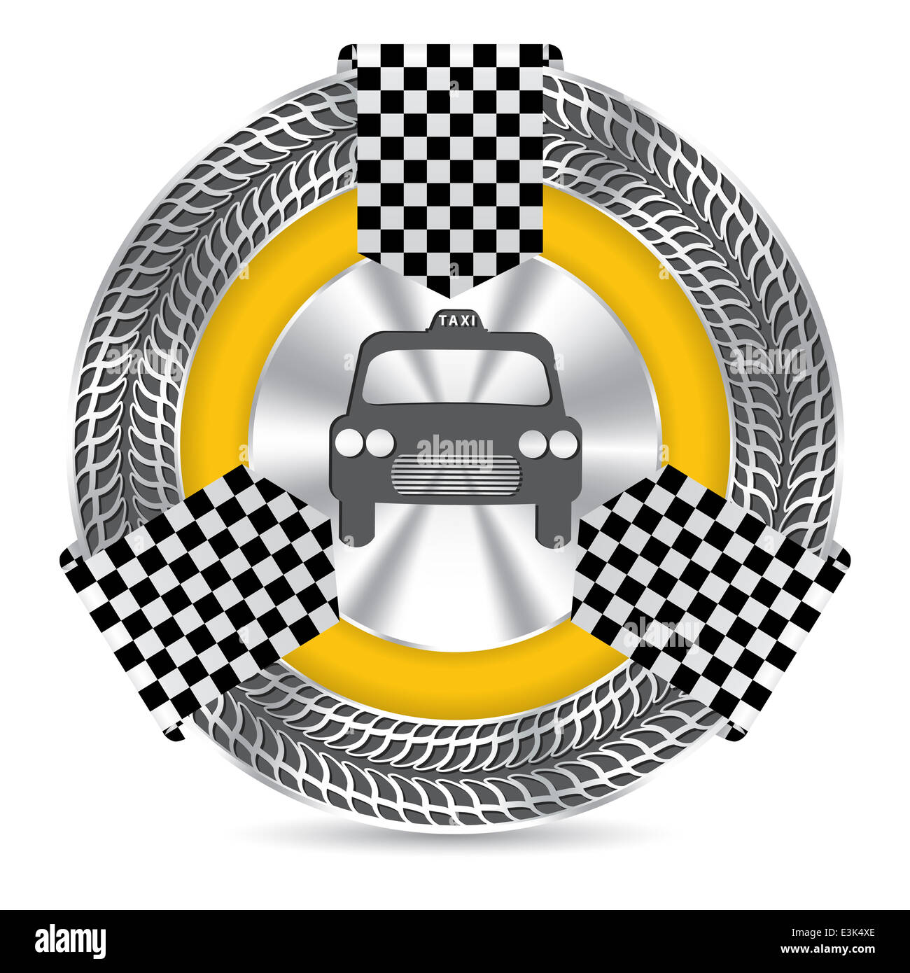 Metallic taxi badge design with tire tread circle and checkered ribbon ...