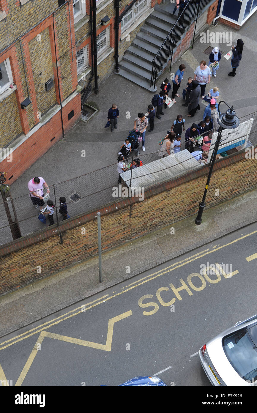 school children arriving for school on first day of new september term ...