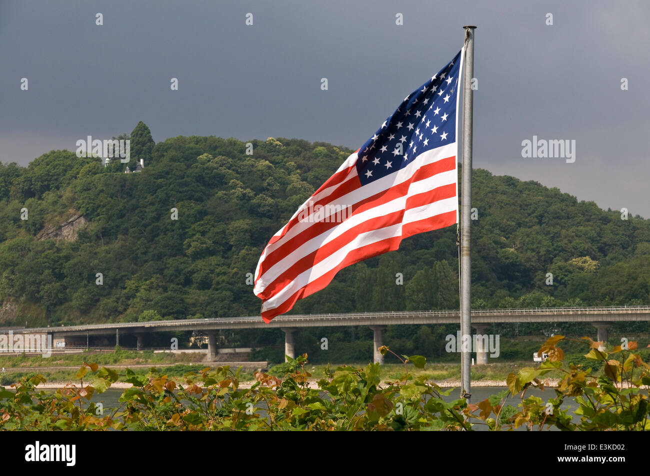 American flag flying next to the River Rhine at Unkel, near Remagen ...