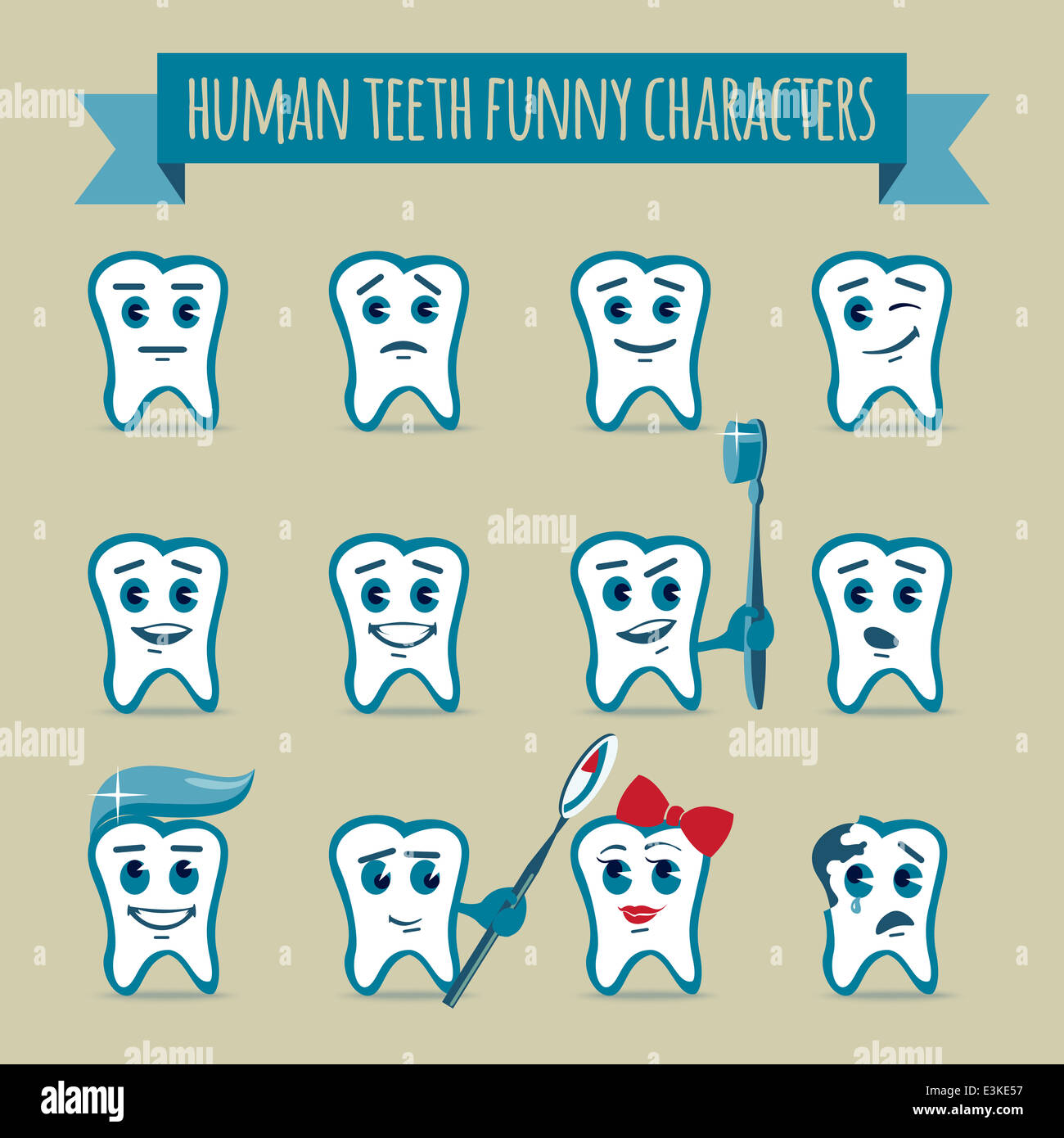 Vector icons set of human teeth funny cartoon characters with various ...