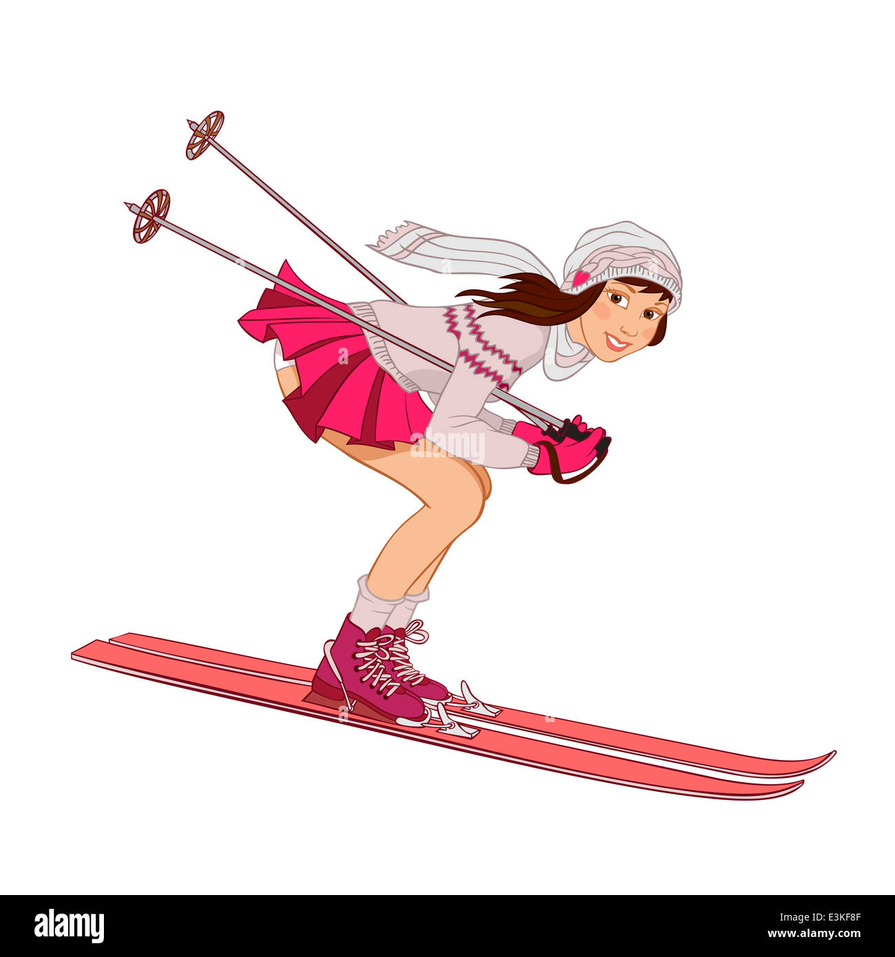 Pin-up girl in pink skirt skiing isolated on a white background Stock ...