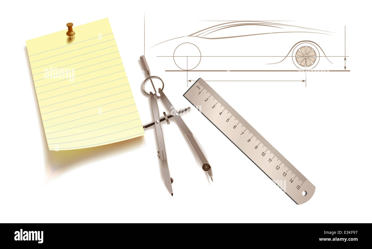 Ruler, pair of compasses and a sticker - the attributes of workplace ...