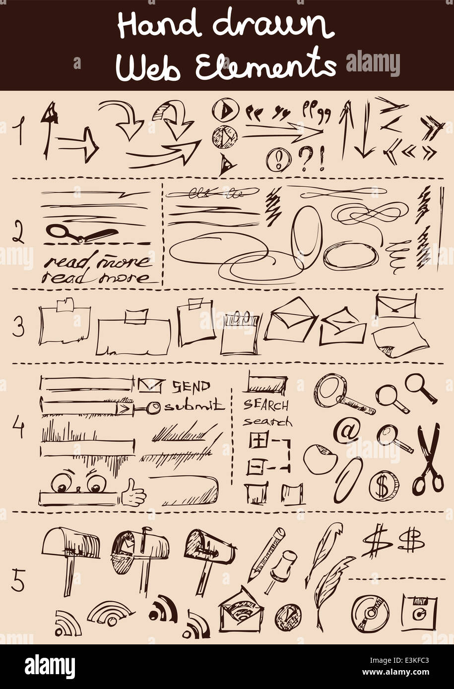 A set of hand drawn sketches web design elements for website or ...