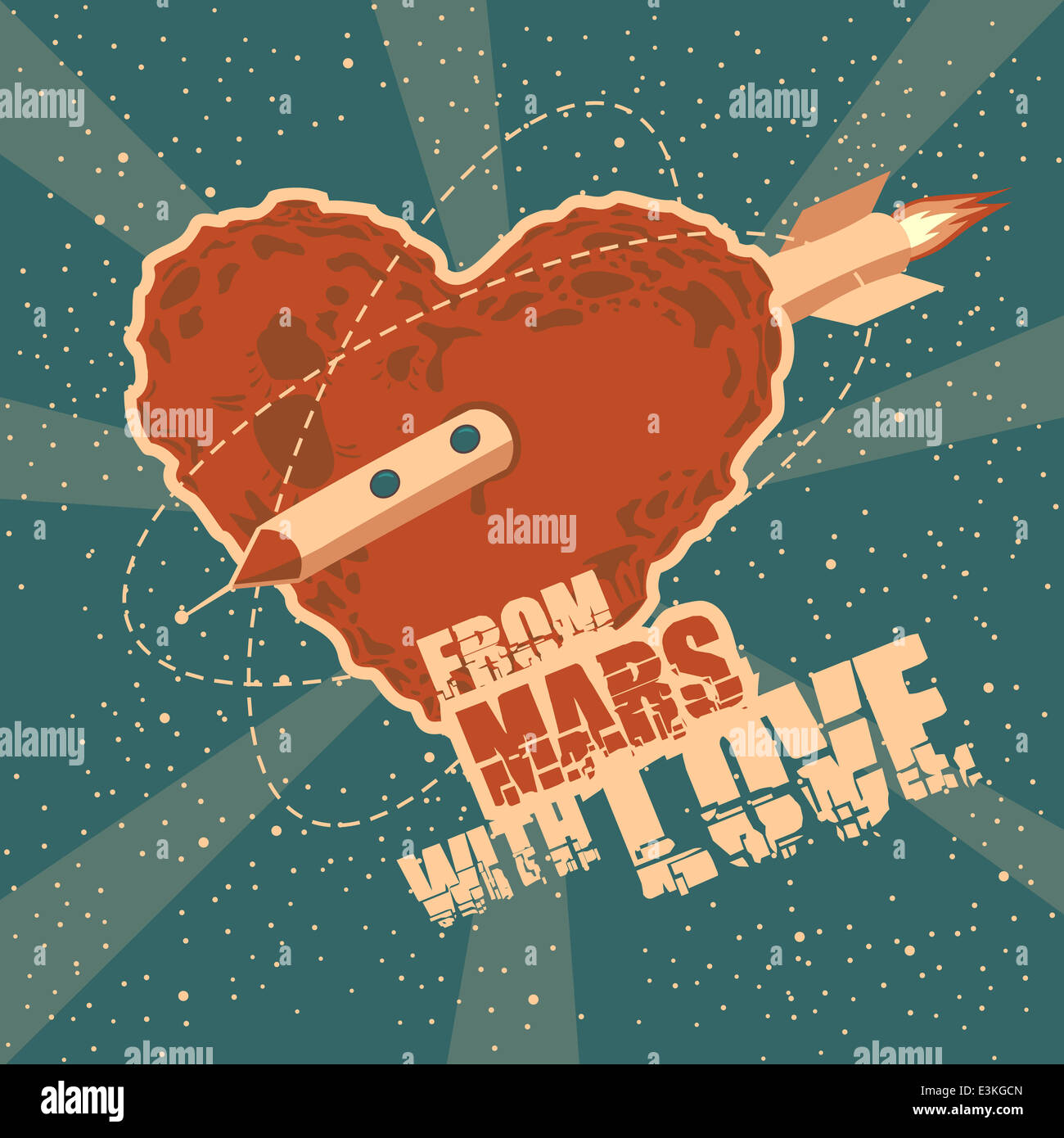 Vintage space greeting card with heart shape Mars and title Stock Photo ...