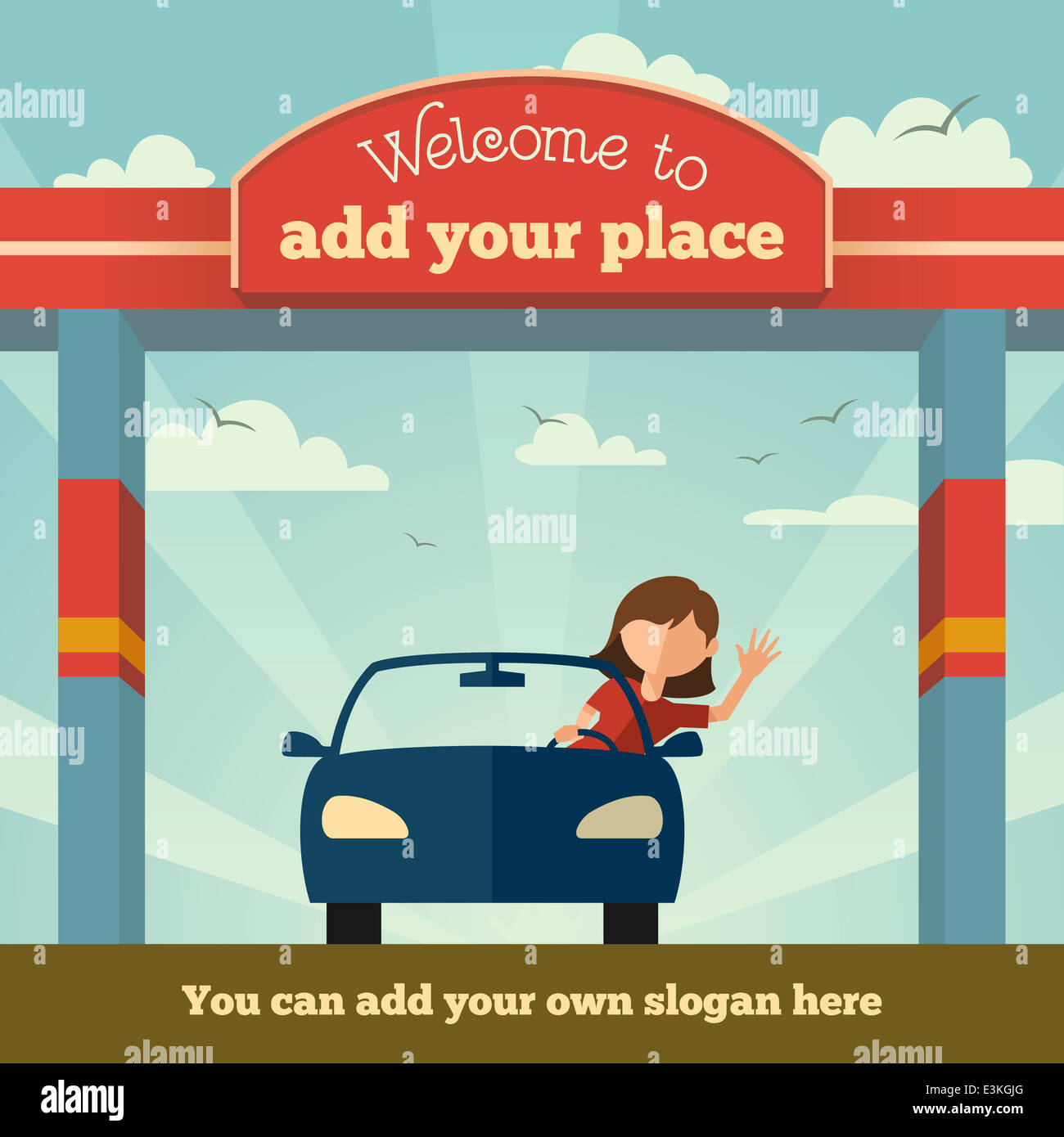Young girl rides a car through the gate. Welcome to, sign concept ...