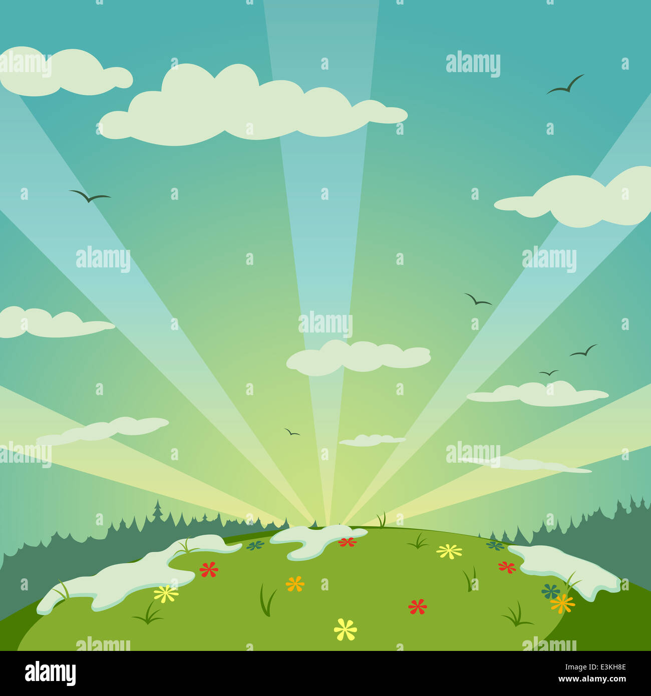Dawn in the spring forest landscape illustration Stock Photo - Alamy