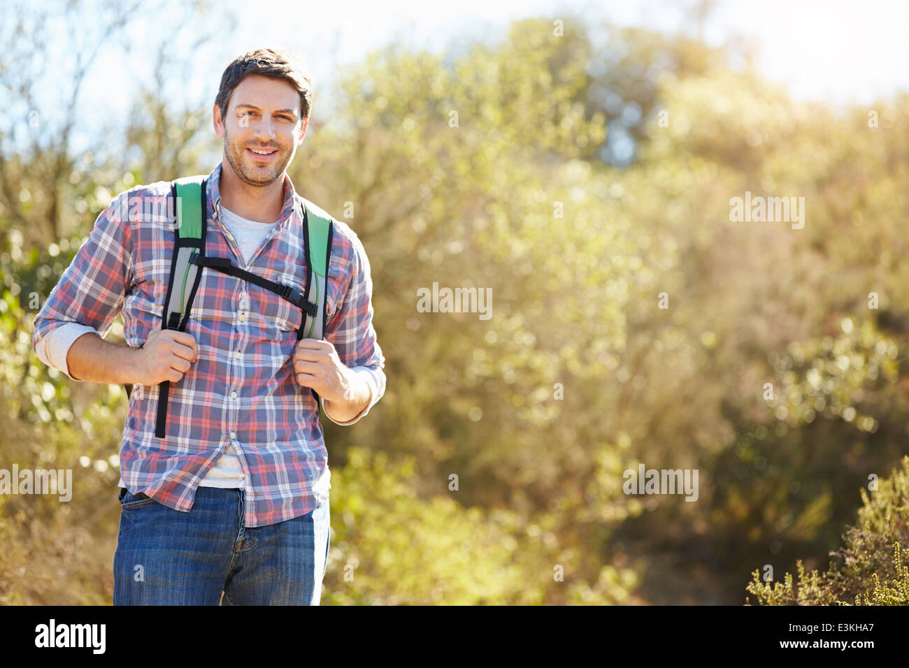 Portrait Of Man Hiking In Countryside Wearing Backpack Stock Photo - Alamy