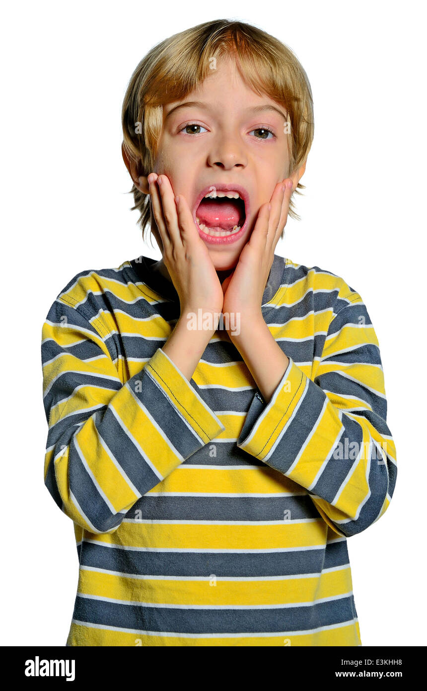 Young boy shocked on white Stock Photo - Alamy