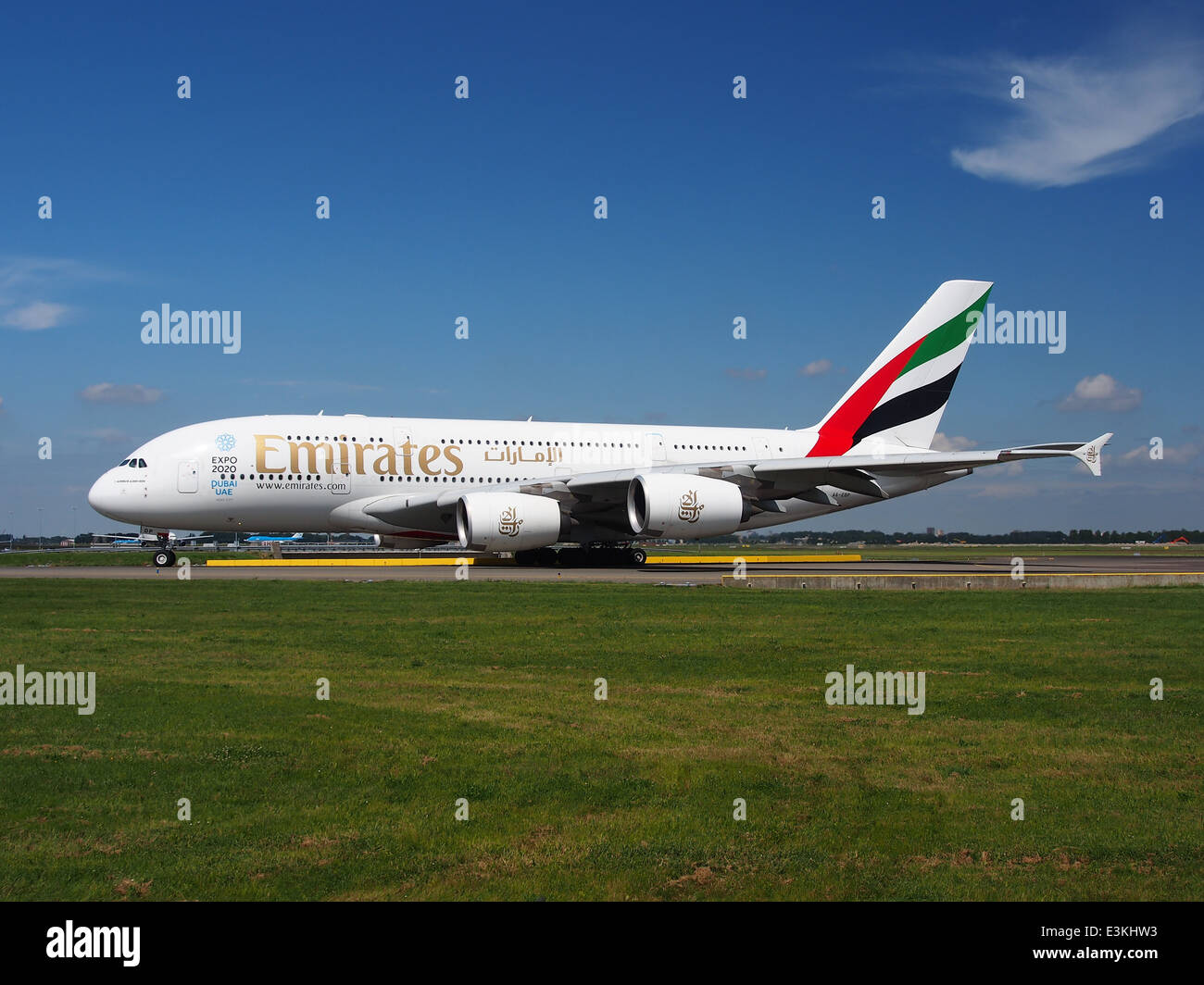A6-EDP, an Emirates Airbus A380-861, taxis at Schiphol Airport (AMS ...